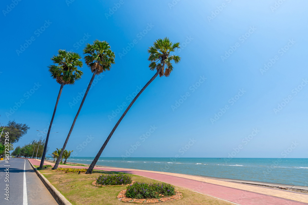 Three palm trees and the beach landmark of Pranburi, Prachuap Khiri ...