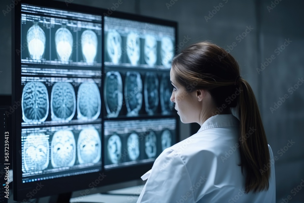 Neuroscientist looking at TV screen, analyzing brain Scan MRI Images ...