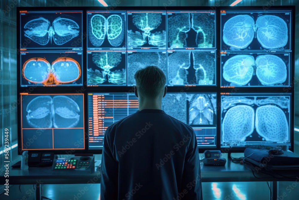 Neuroscientist looking at TV screen, analyzing brain Scan MRI Images ...