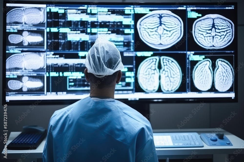 Neuroscientist looking at TV screen, analyzing brain Scan MRI Images ...