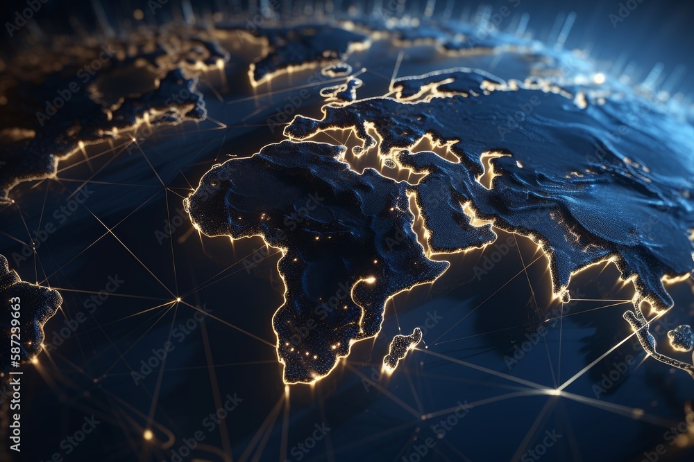Blockchain-Illuminated Global Business: Ultra-Realistic World Map with ...