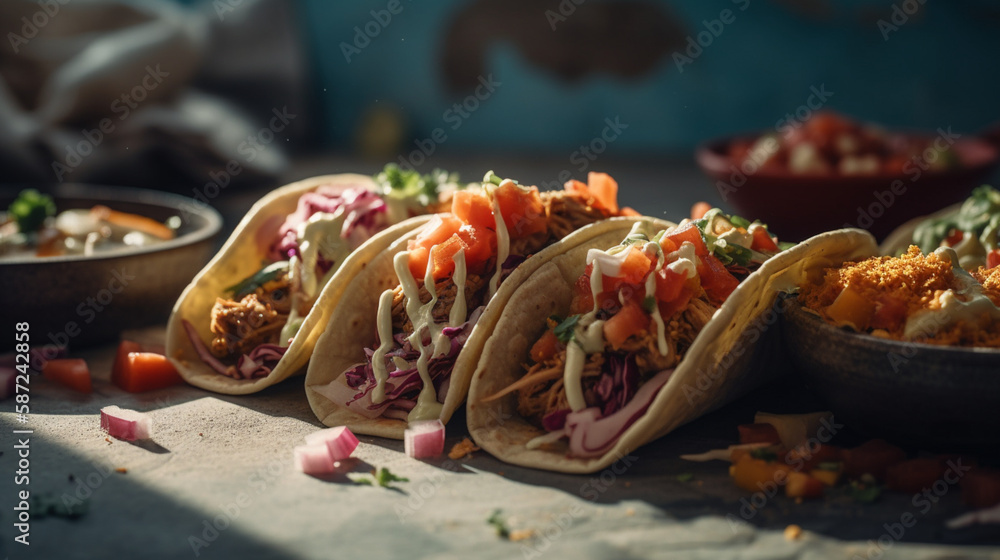 Delicious tacos on a concrete table, backlit for a vibrant street food ...