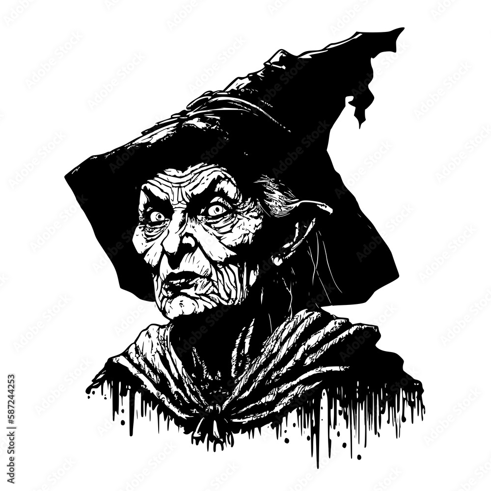 black and white vector illustration of a old hag , witch Stock Vector ...