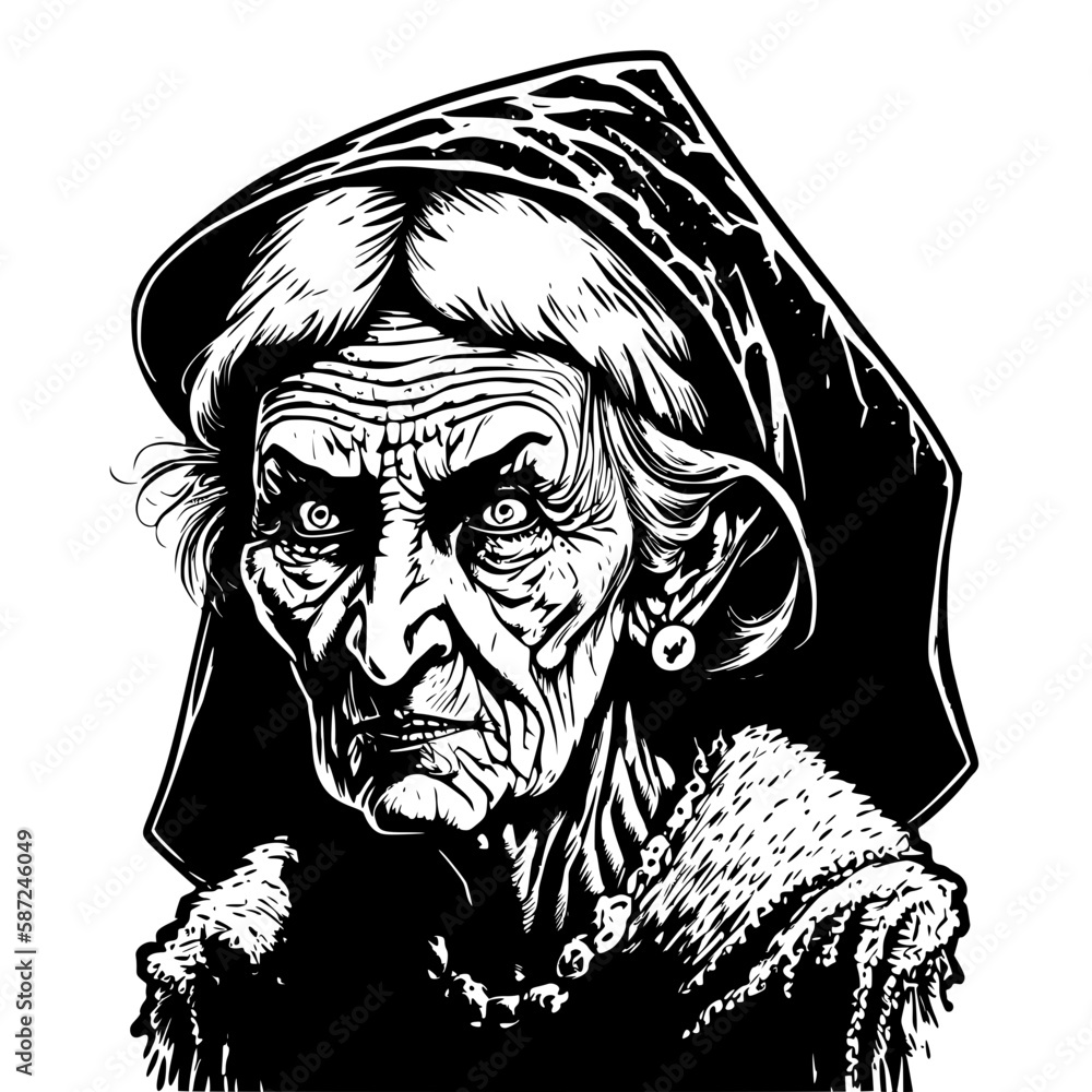 Black and white vector image of old hag, witch Stock Vector | Adobe Stock