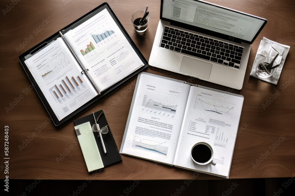 An overhead shot of an analyst's desk with a computer displaying ...