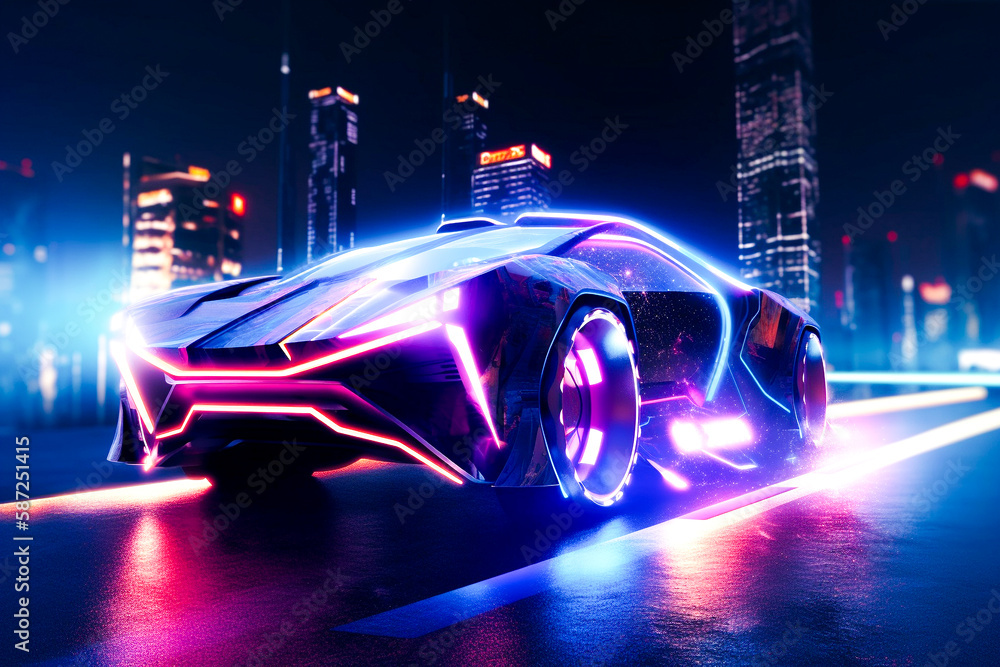 Futuristic sports neon 3d render car background. Blue and ultraviolet ...