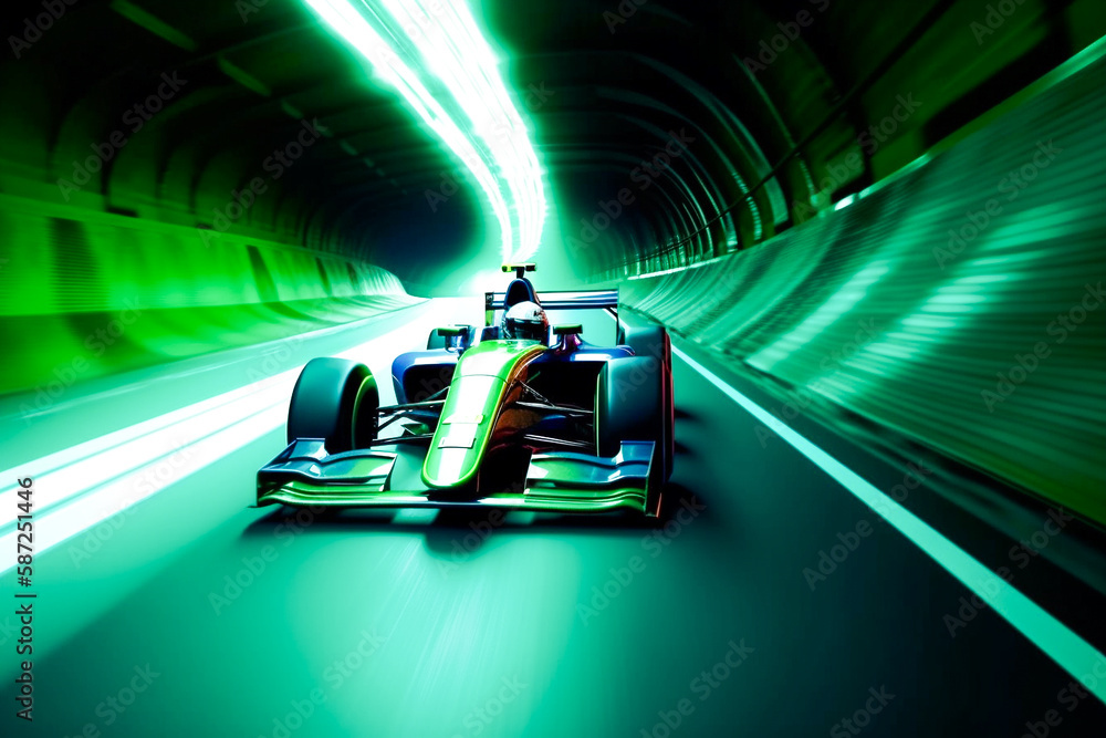 Neon green racing car driving trough a tunnel. AI generated formula 1 ...