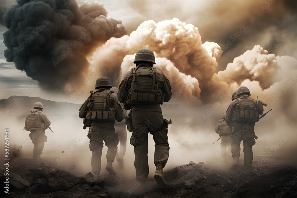 Military soldier squad battle scene, action shooter battle game cover ...