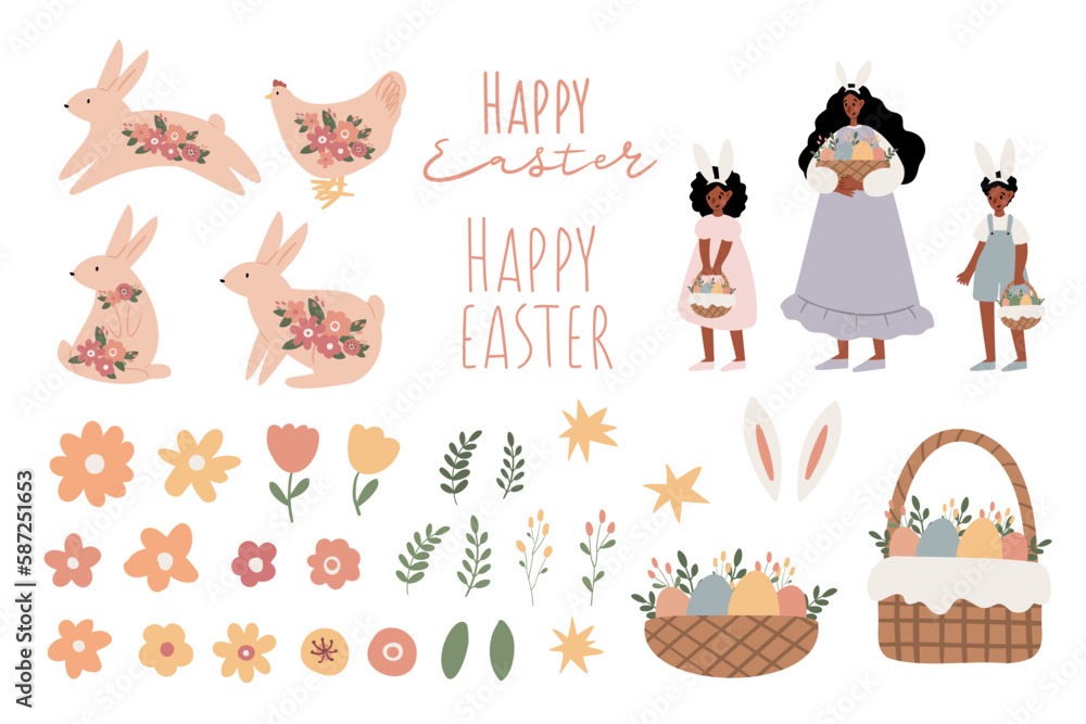 Happy Easter clipart set, Cute bunny rabbit illustration, Childrens egg ...