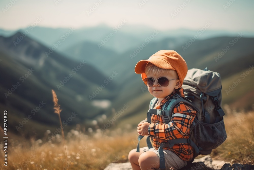 baby wearing a backpack in the mountains, which may symbolize the idea ...