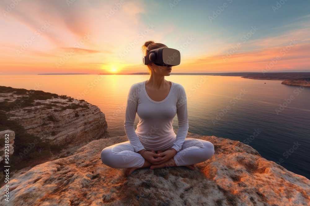 Young athletic woman wearing VR headset, practising meditation in ...