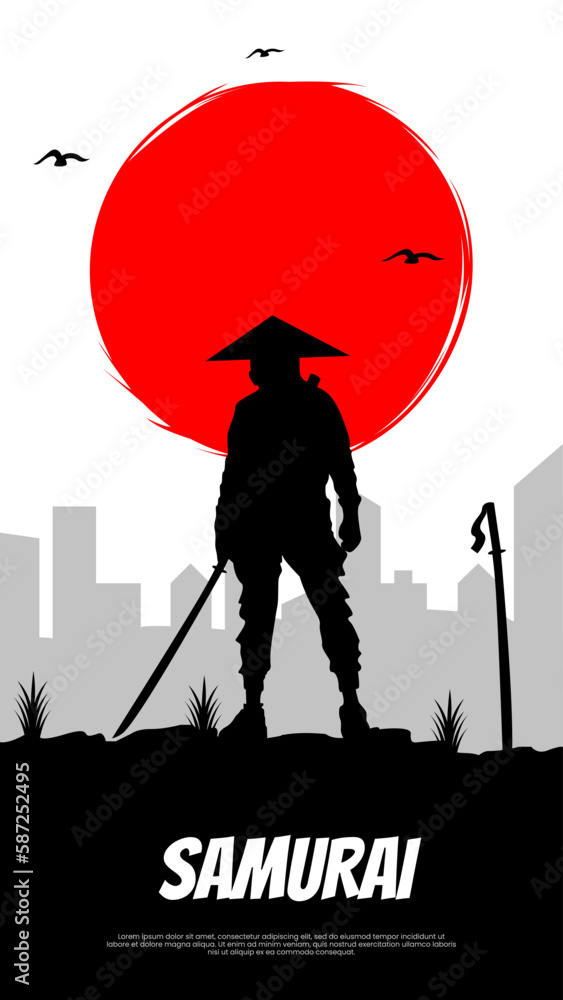 Stockvector Samurai with red moon wallpaper. Japanese samurai warrior ...