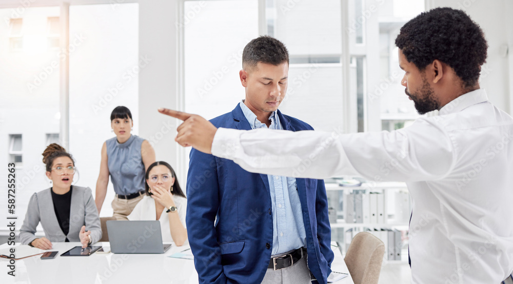 Fired, fight and angry boss is frustrated with employee and upset ...