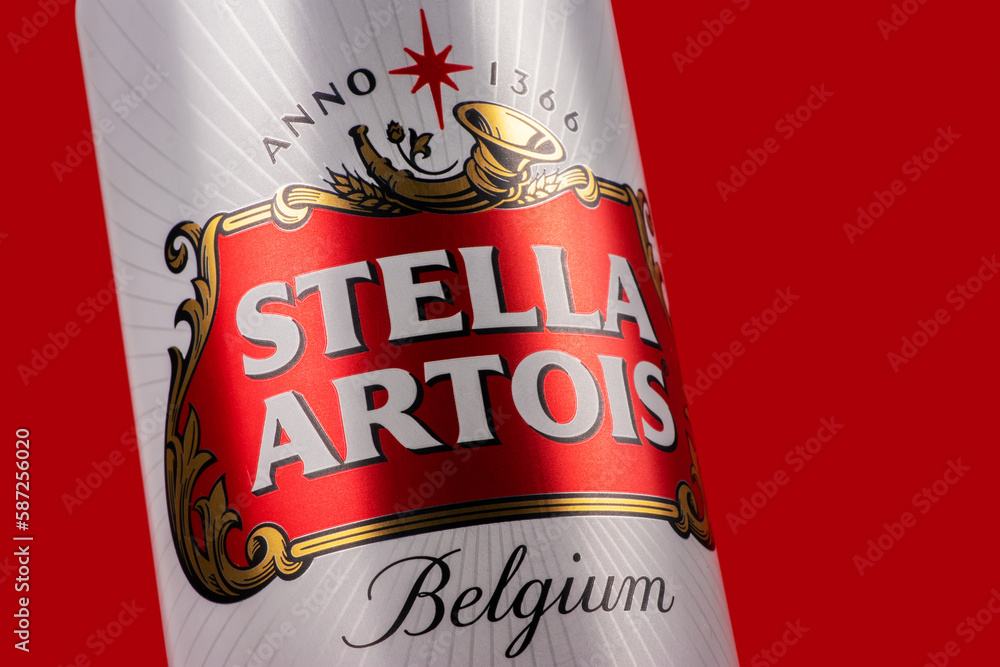Ukraine. Dnipro. 20 march 2023: Great Belgium beer Stella Artois ... Ukraine. Dnipro. 20 march 2023: Great Belgium beer Stella Artois ...