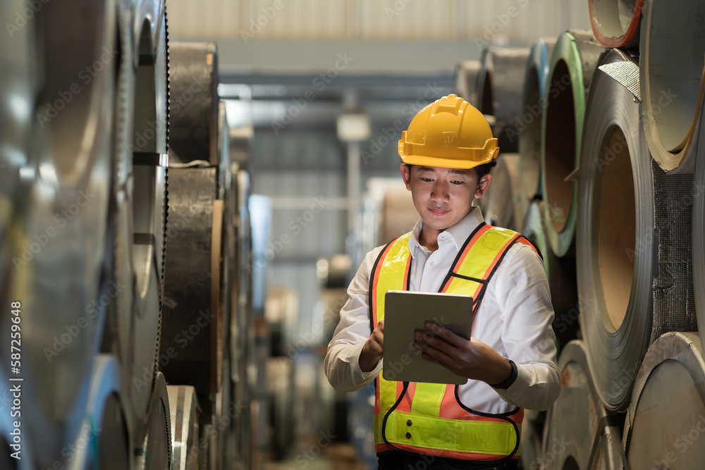Asian male factory worker inspecting quality rolls of galvanized or ...