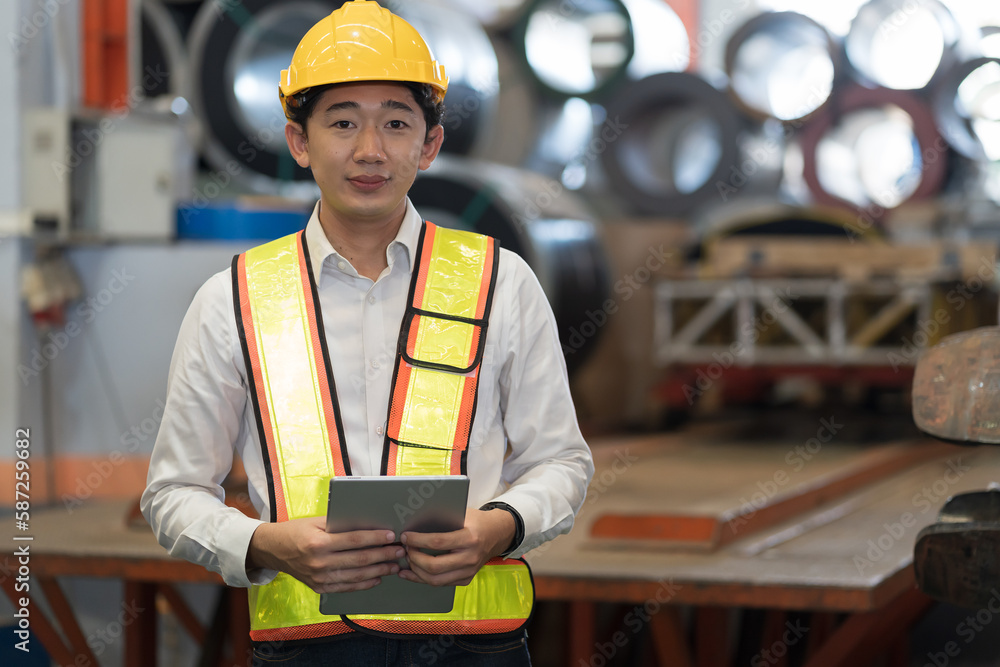Asian male factory worker inspecting quality rolls of galvanized or ...