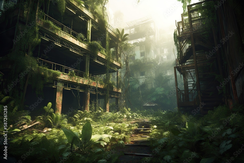 In a post-apocalyptic megacity, the absence of people creates an eerie ...