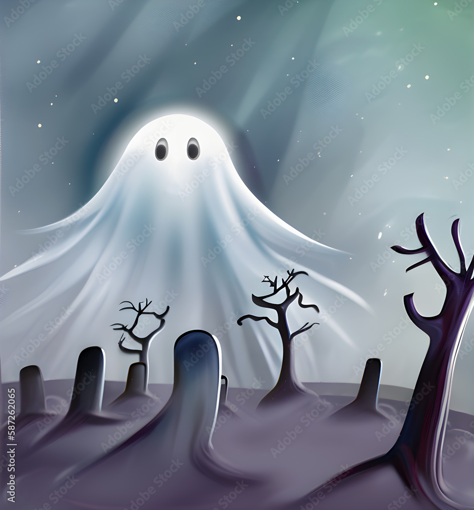 Ghost floating through a misty graveyard with translucent blue wisps ...