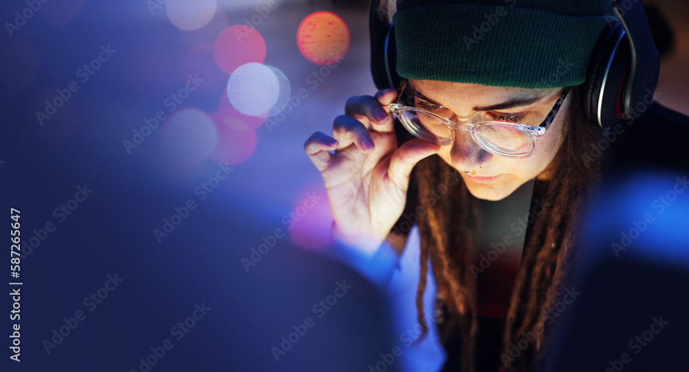 Cyber security, woman or hacker working on computer in the basement at ...