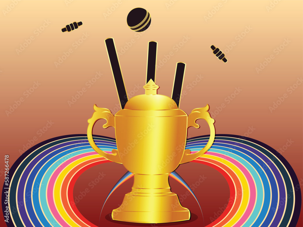 shiny golden trophy, stumps and ball realistic vector illustration ...