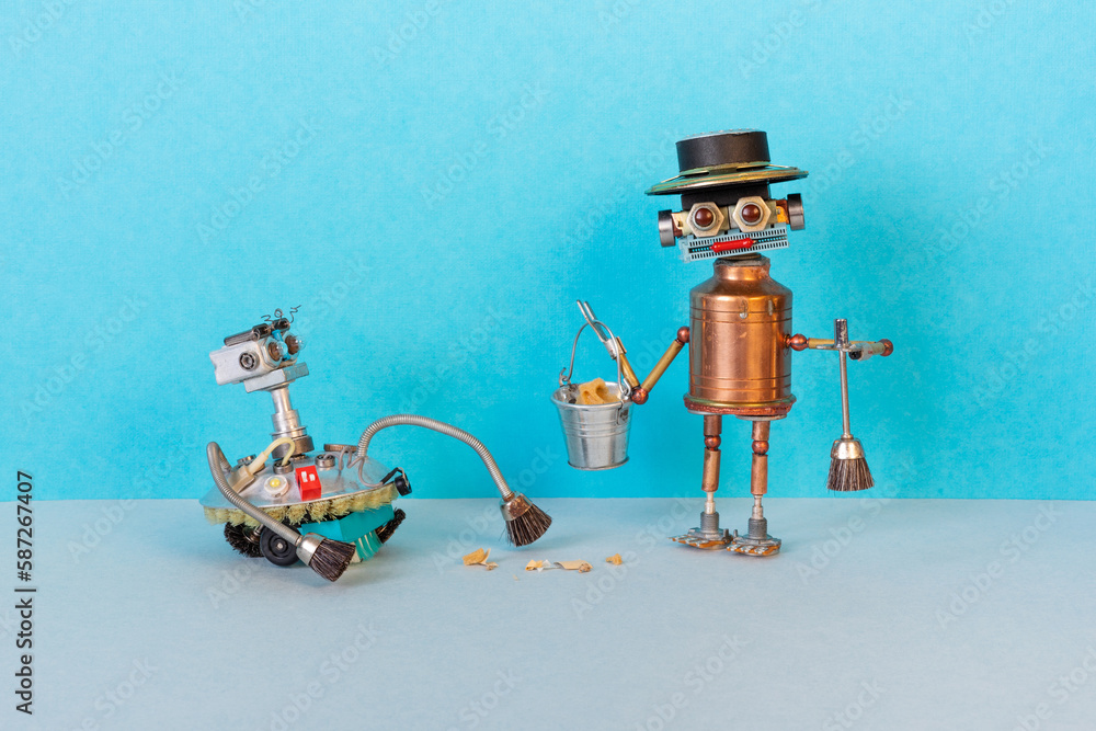 Robotic cleaning service concept. Two janitor robots with a bucket mop ...