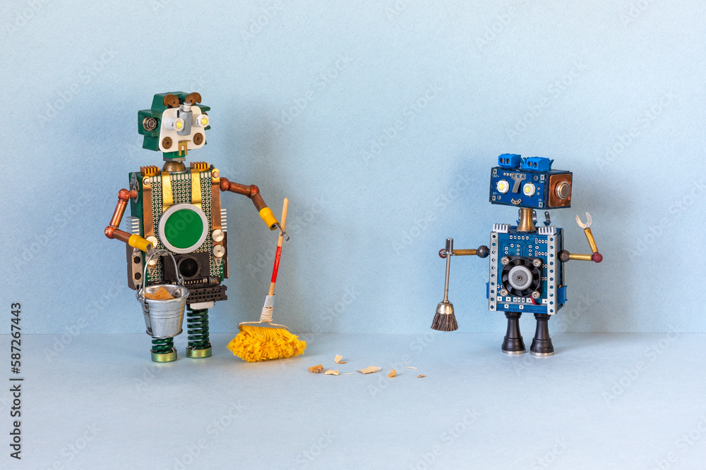 Robotic cleaning service concept. Two janitor robots with a bucket mop ...