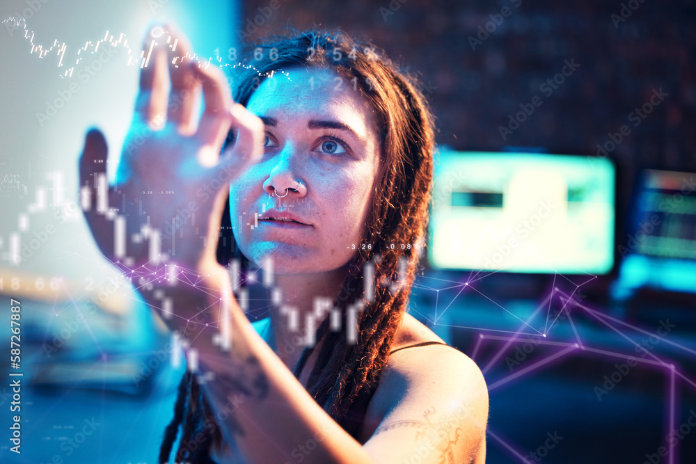 Woman hacker, night and hologram overlay for online banking system ...