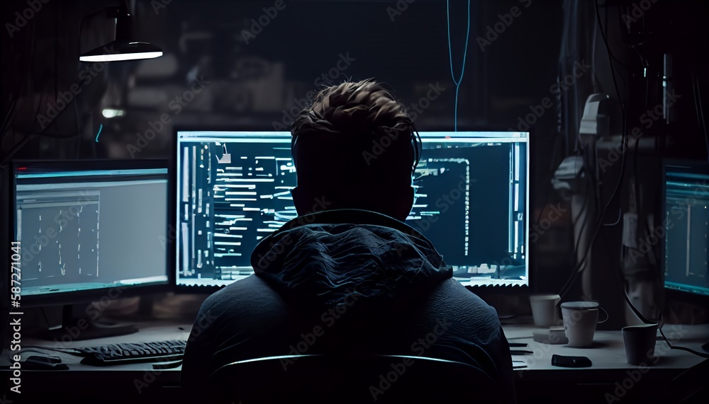 Silhouette of male hacker breaking firewall encryption to plant trojan virus, looking to steal ...