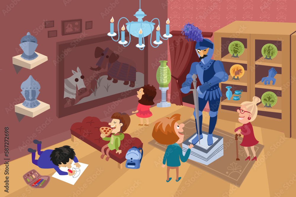 Cute children and adults at museum. Knight's armour, helmets and ...