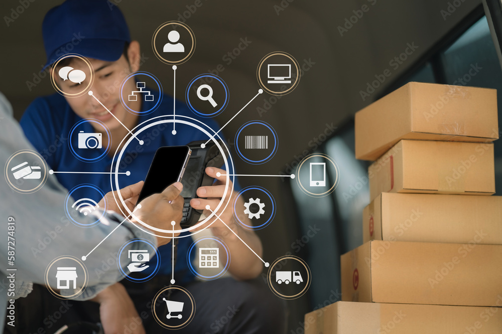 Asian delivery man, Hand using smart phone to scan QR code on tag ... Asian delivery man, Hand using smart phone to scan QR code on tag ...