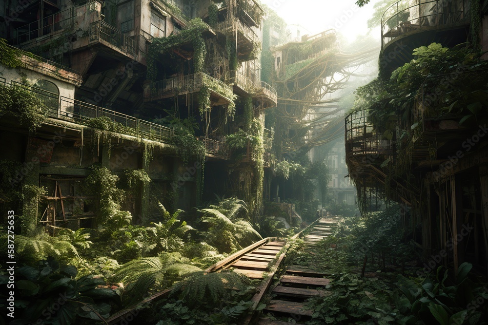 In a post-apocalyptic megacity, the absence of people creates an eerie ...