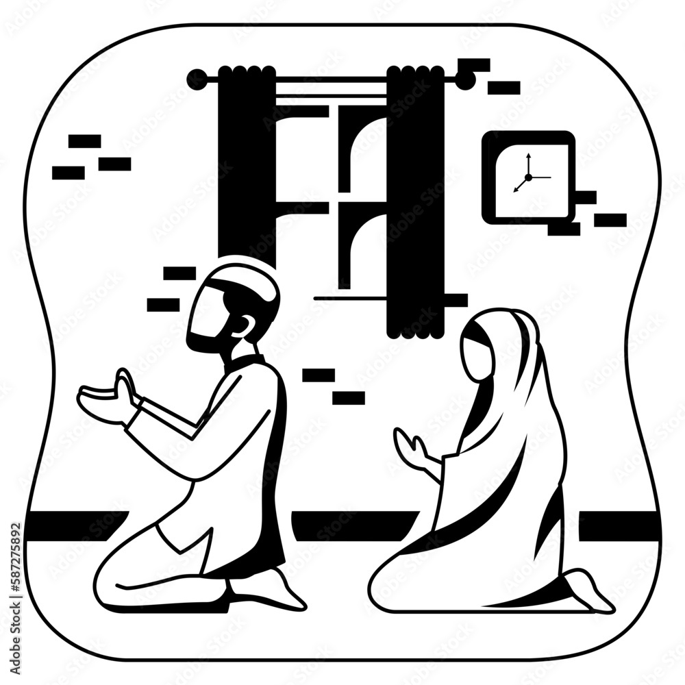 Muslim Couple Praying Salat together, husband and wife, woman and man ...