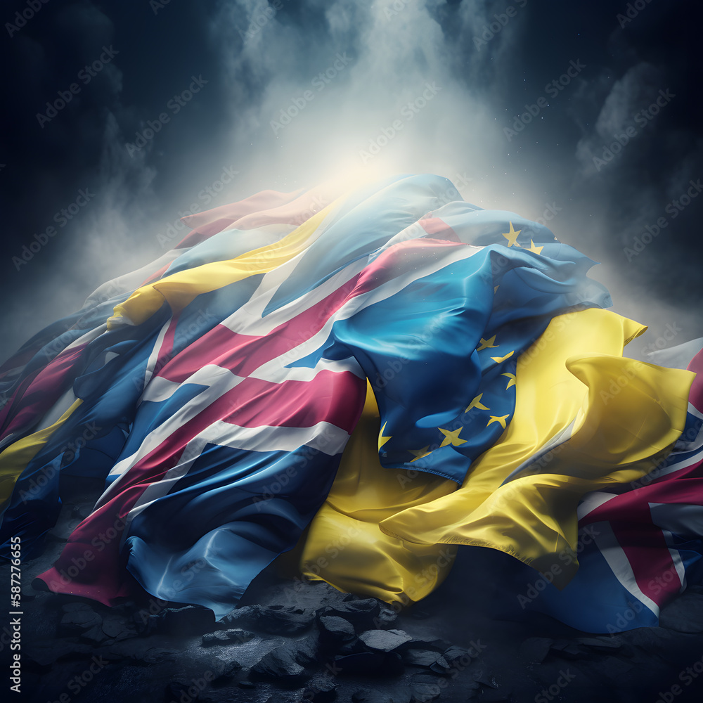 Piled high: Union Jack and Ukrainian flags. Generative AI. Stock ...