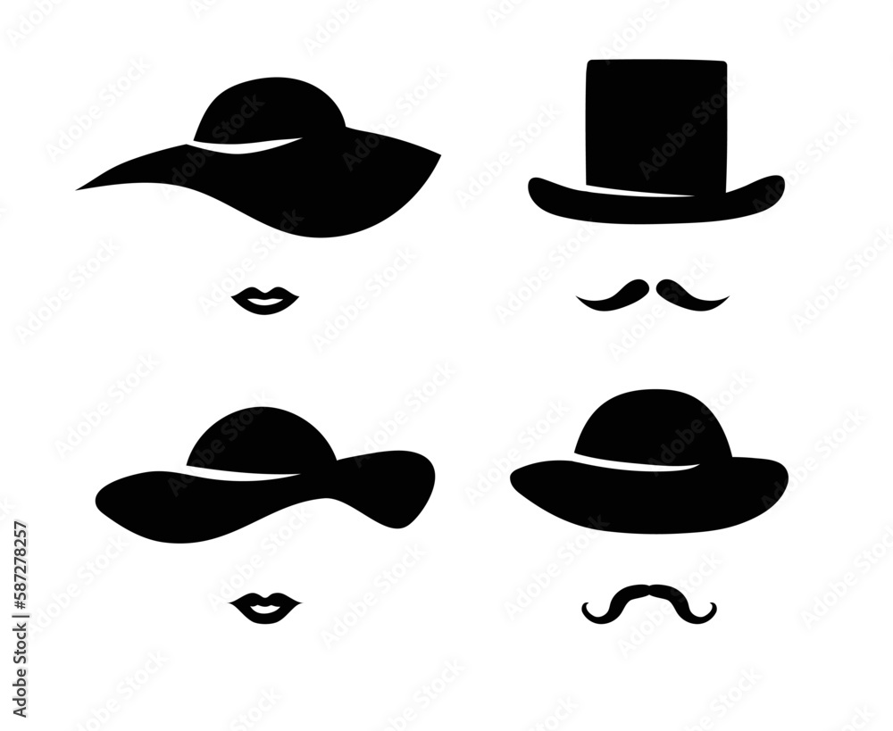 Male and female hats with lips and mustaches template. Retro black ...