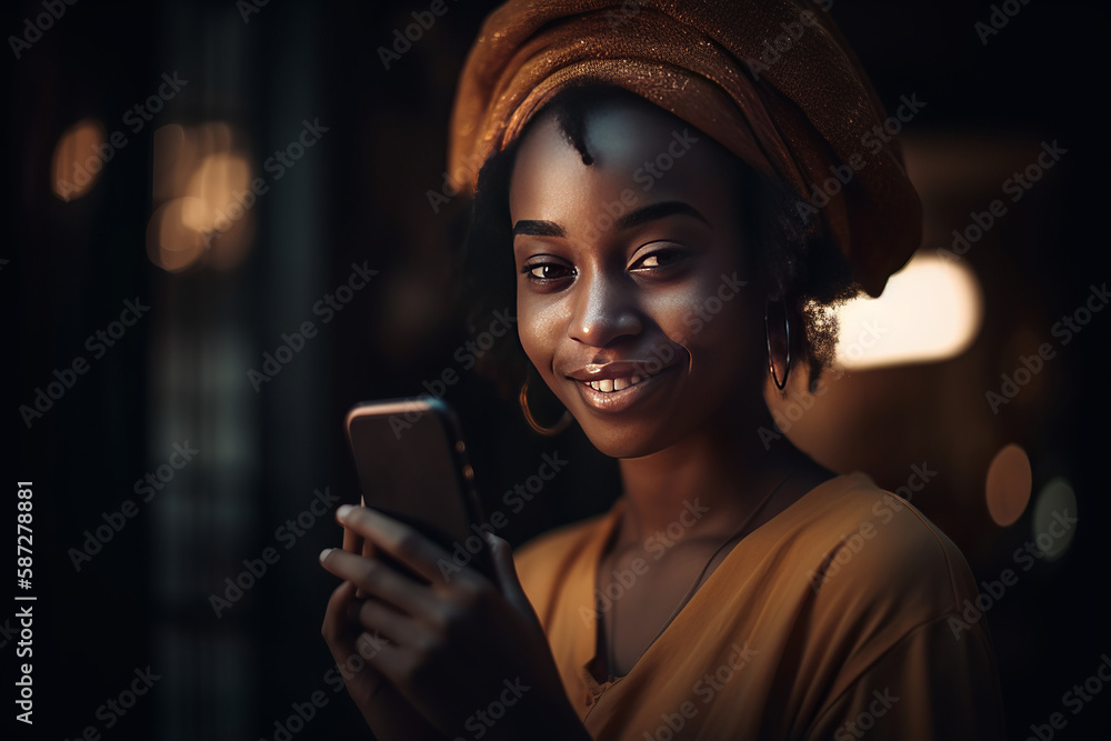 Smiling beautiful african women using her phone, ultra sharp face ...