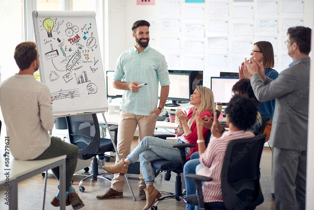 Group of young enterprising employees brainstorming together Stock ...