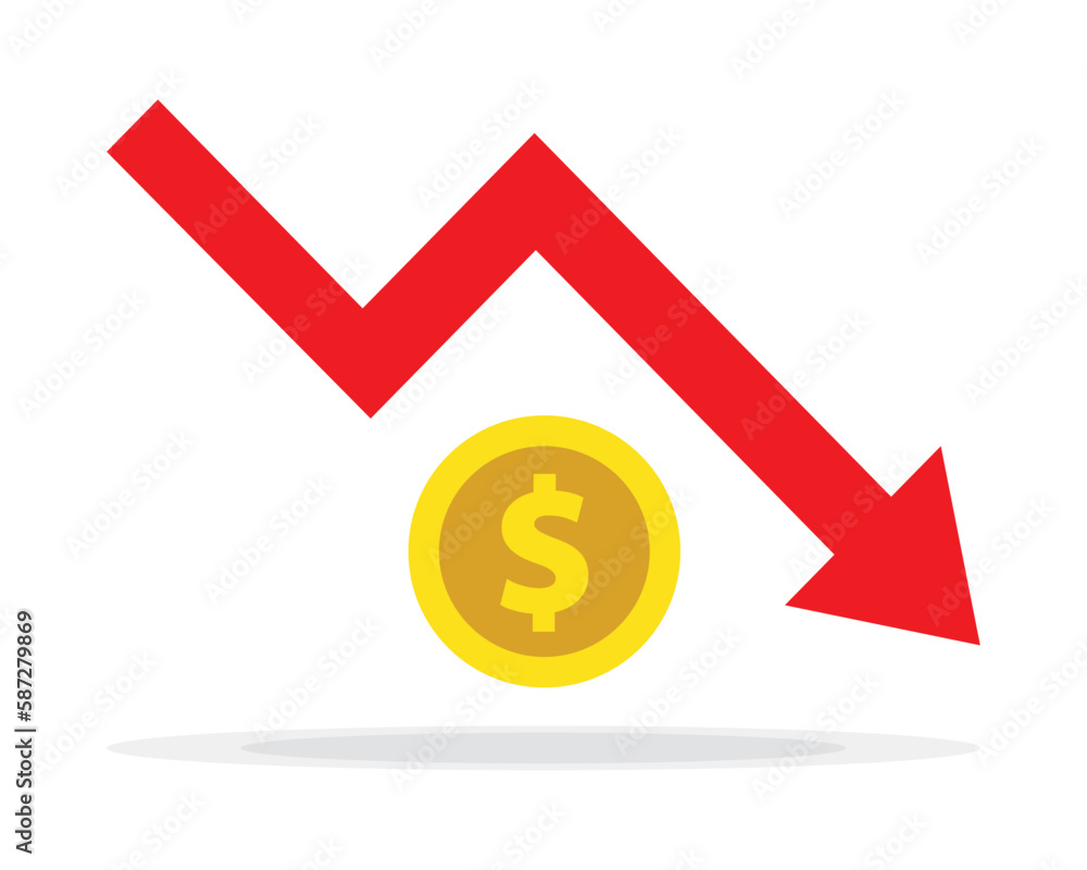 Red arrow going down stock with dollar coin on white background ...