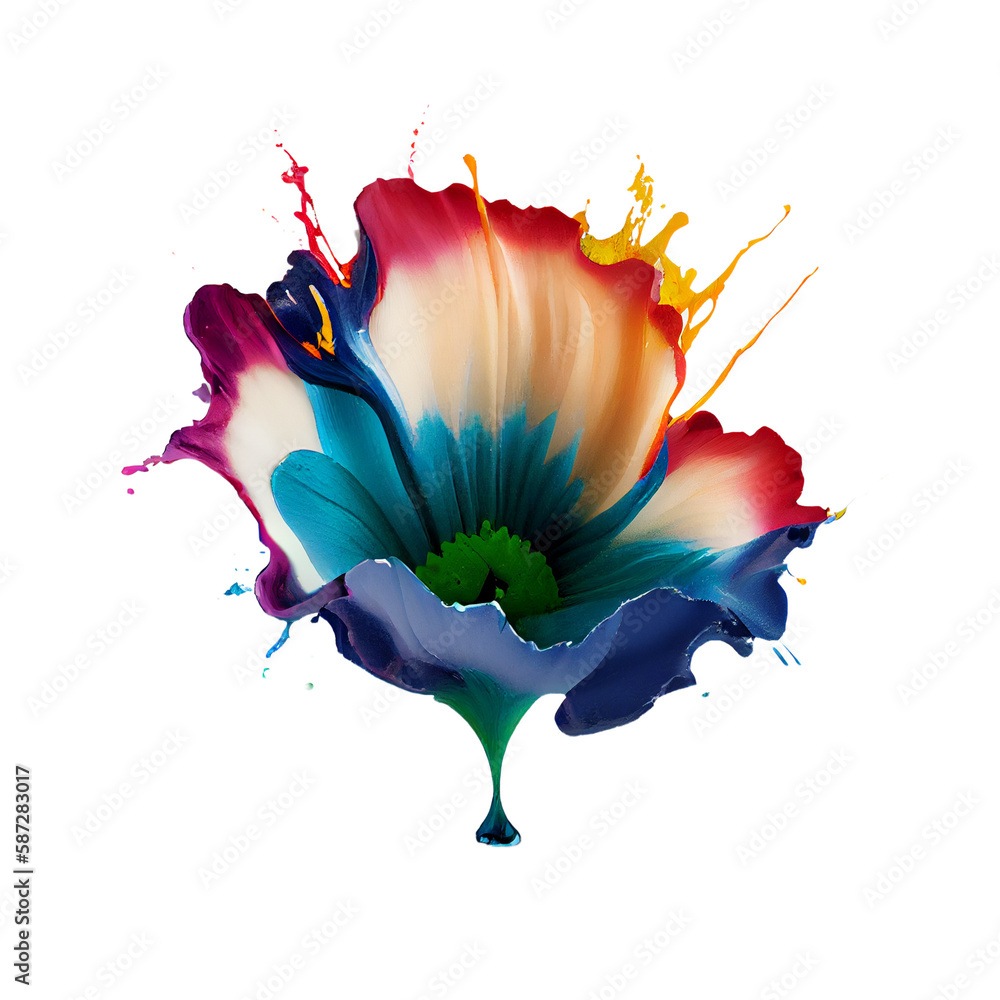 Abstract paint splatter spring flower and paint splash closeup isolated ...