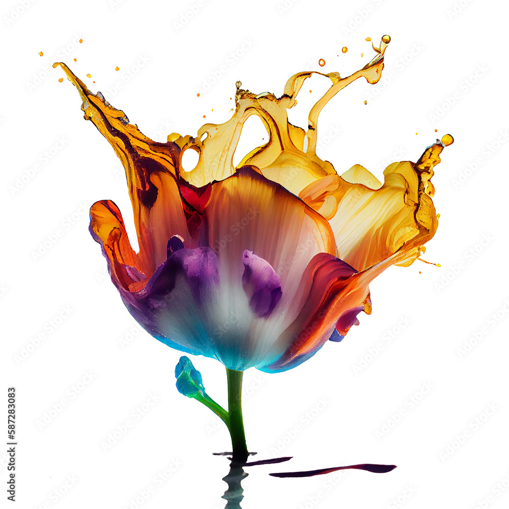 Abstract paint splatter spring flower tulip and paint splash closeup ...