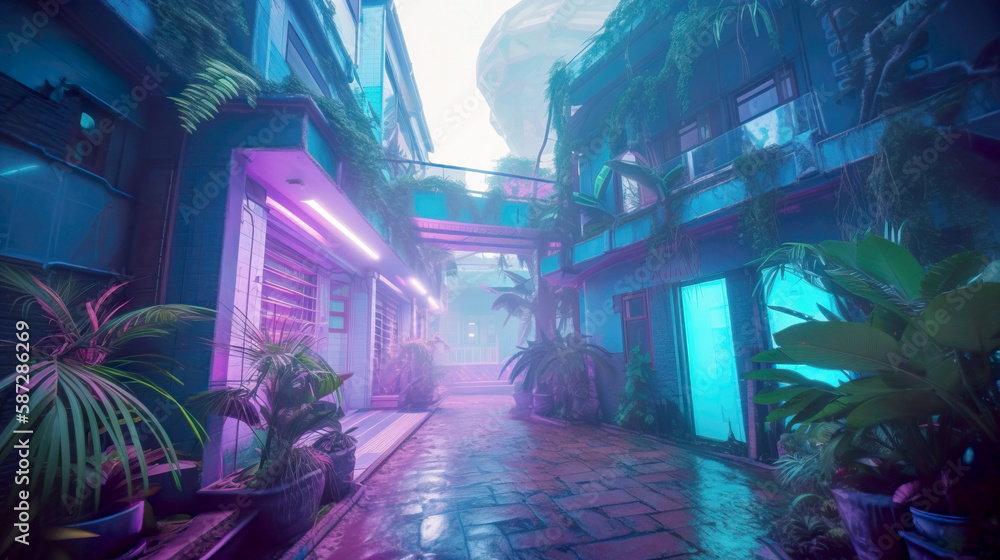 Cyberpunk wallpaper of futuristic cityscape. Blue purple neon lights ...