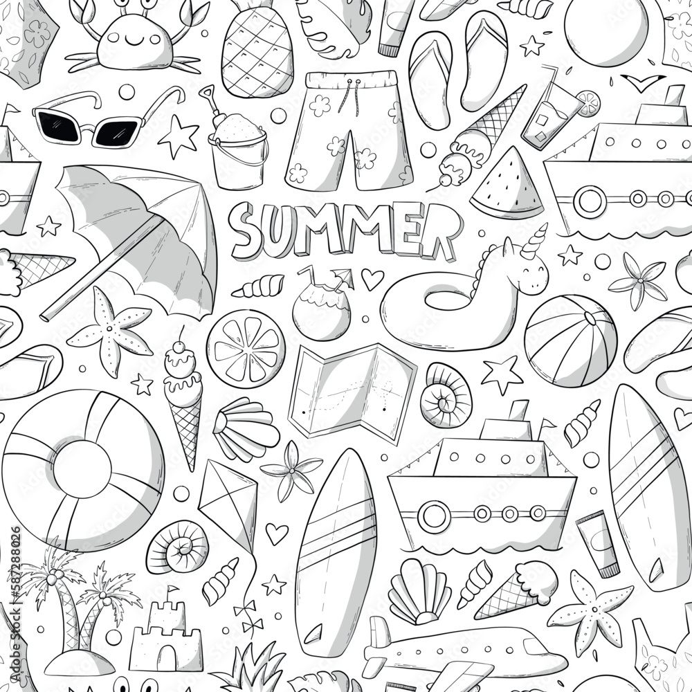 summer seamless pattern with monochrome doodles, black and white ...