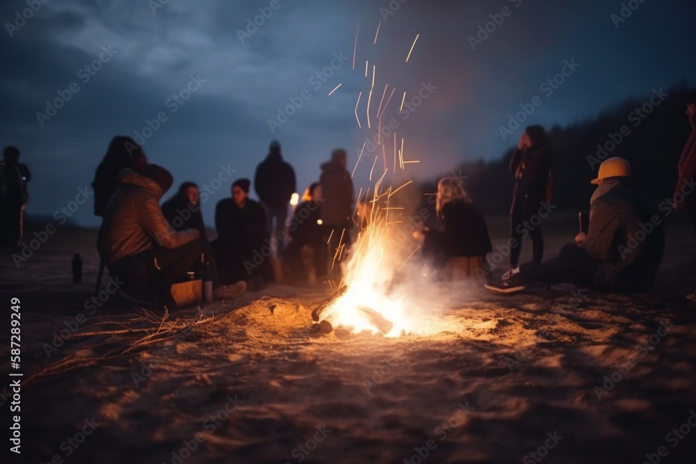 Generative Ai of a bonfire with blurred people having fun. ilustração ...