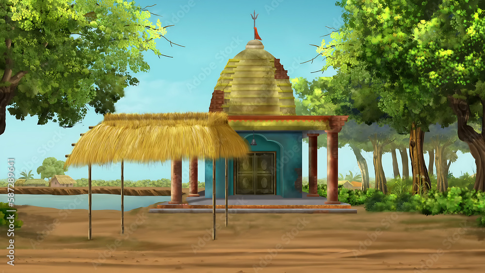 Natural village scene with sky, green trees, green fields, paddy fields ...