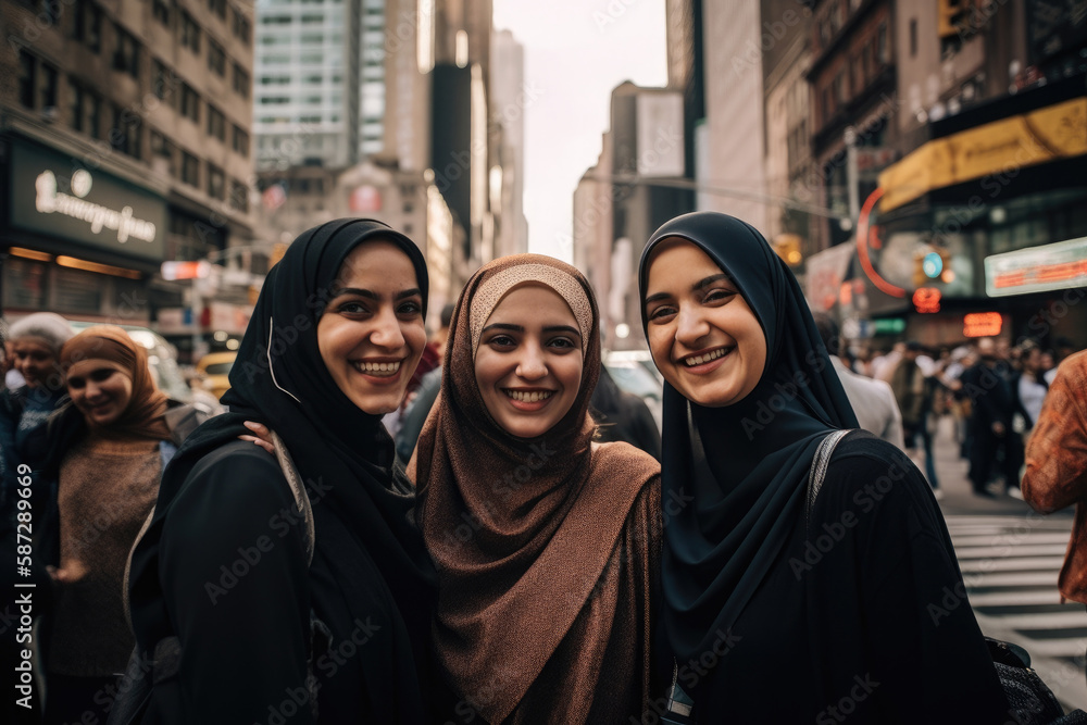 Portrait of three muslim young women wearing brown hijab and smiling ...