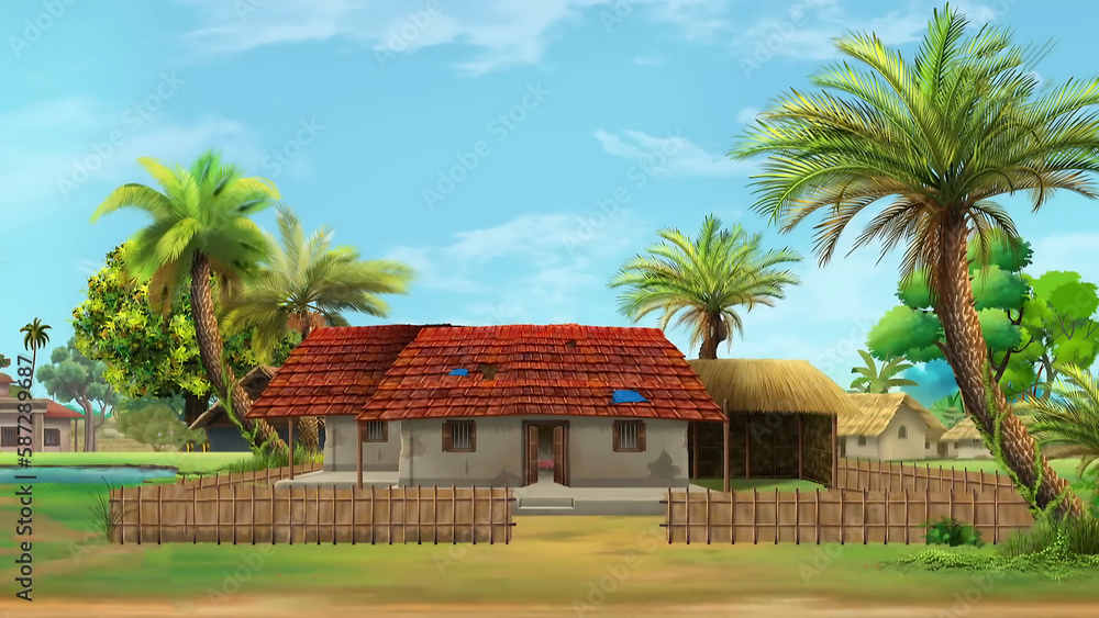 Natural village scene with sky, green trees, green fields, paddy fields ...