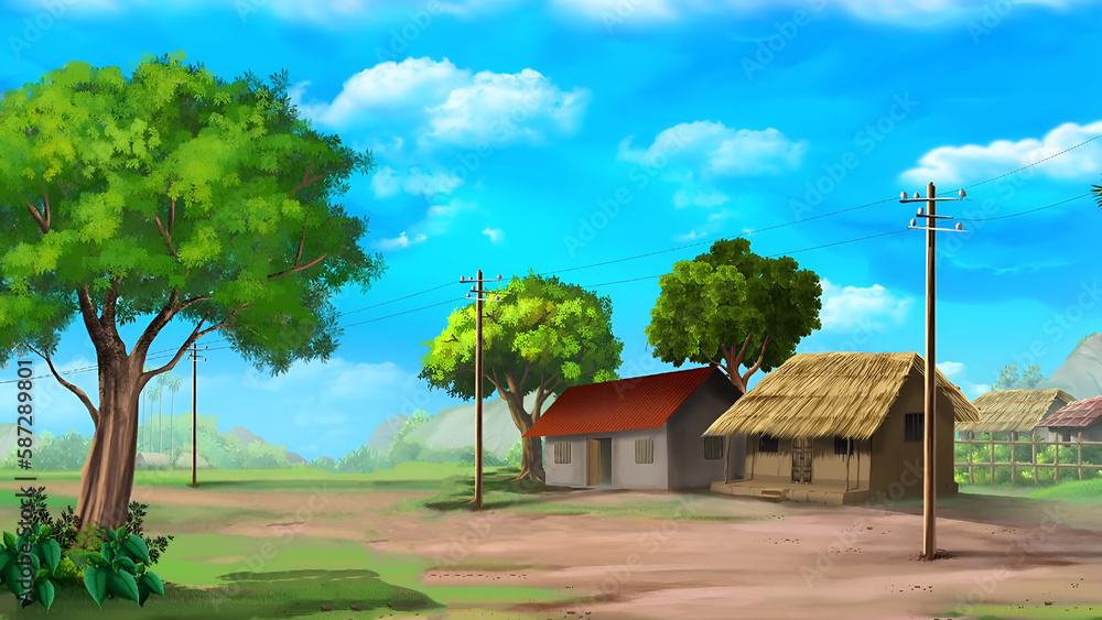 Natural village scene with sky, green trees, green fields, paddy fields ...