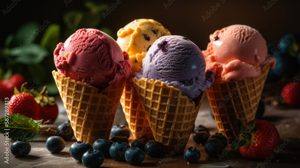 Cornets de glace et sorbets au parfum fruits rouges , fruits des bois ...