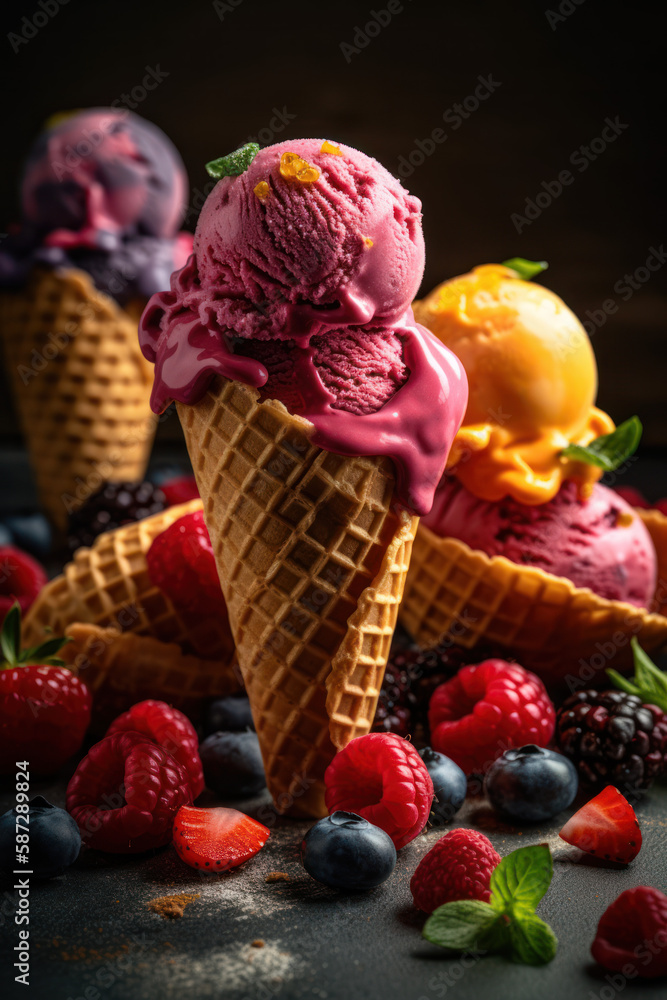 Cornets de glace et sorbets au parfum fruits rouges , fruits des bois ...
