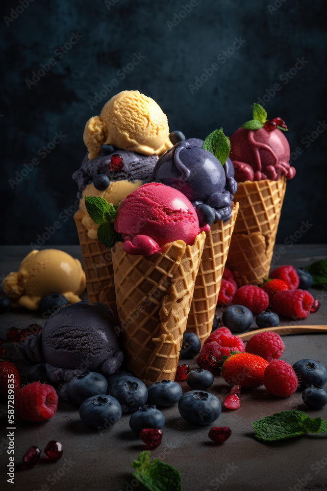 Cornets de glace et sorbets au parfum fruits rouges , fruits des bois ...
