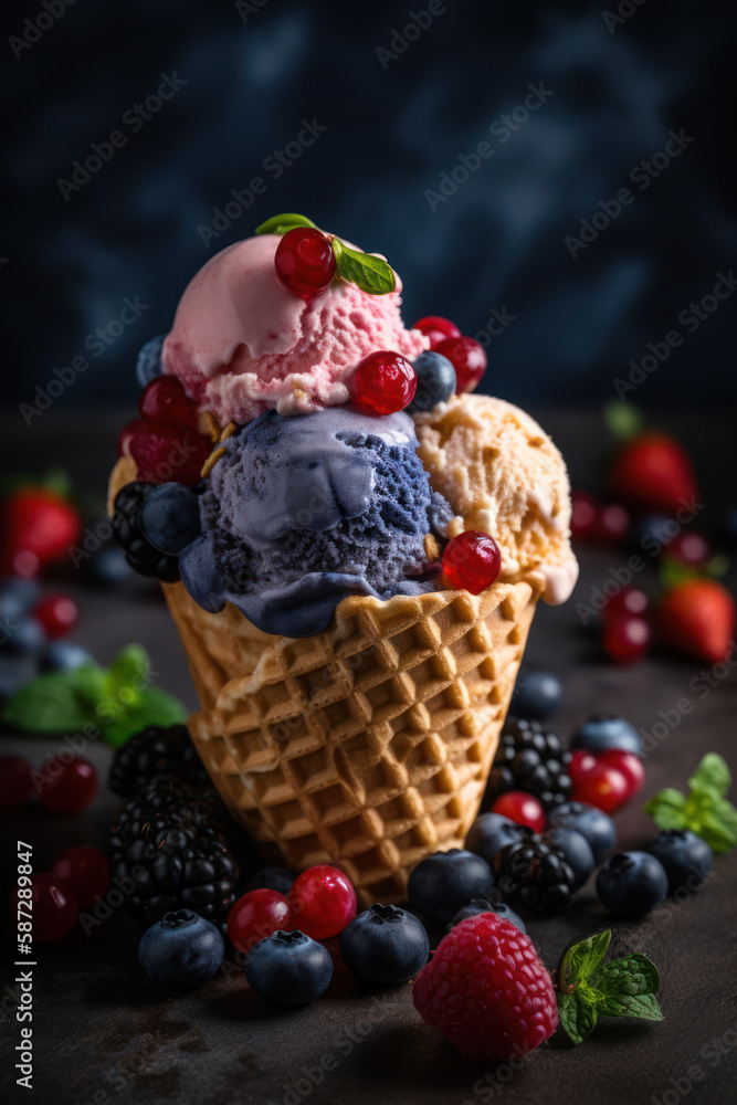 Cornets de glace et sorbets au parfum fruits rouges , fruits des bois ...